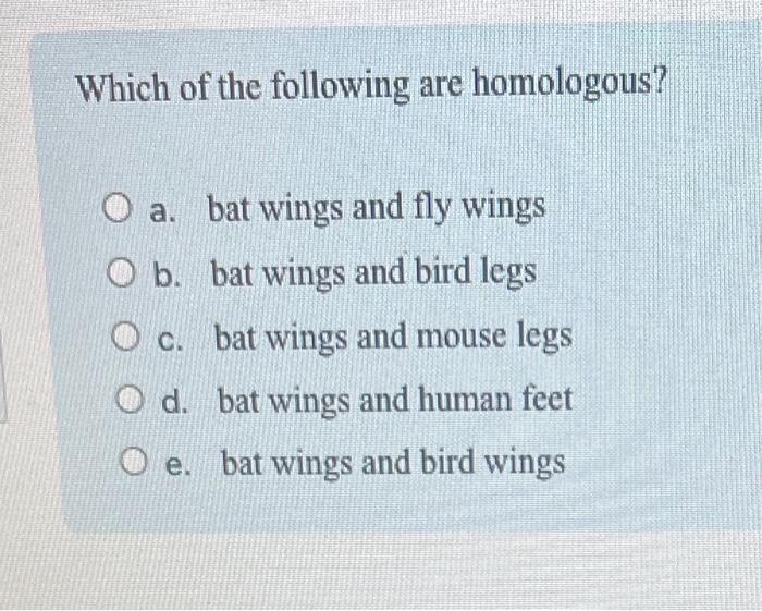 Solved Which of the following are homologous? a. bat wings | Chegg.com
