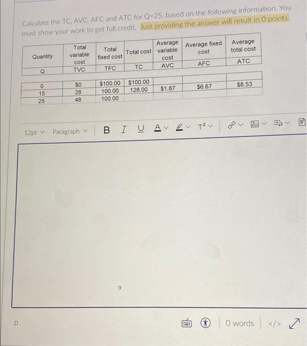 Solved Calculate the TC, AVC, AFC and ATC for Q-25, based on | Chegg.com