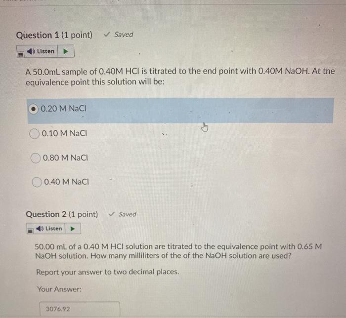 Solved Question 1 (1 point) Saved Listen A 50.0mL sample | Chegg.com