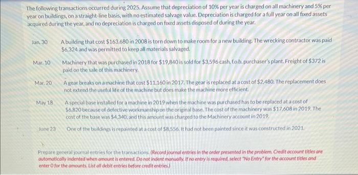 Solved The following transactions occurred during 2025 . | Chegg.com