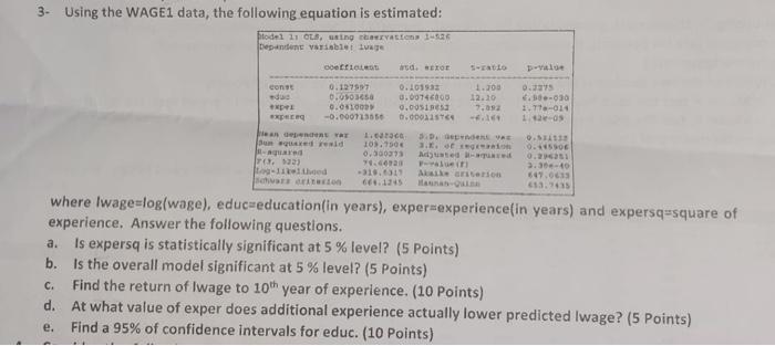 Solved 3. Using the WAGE1 data, the following equation is | Chegg.com