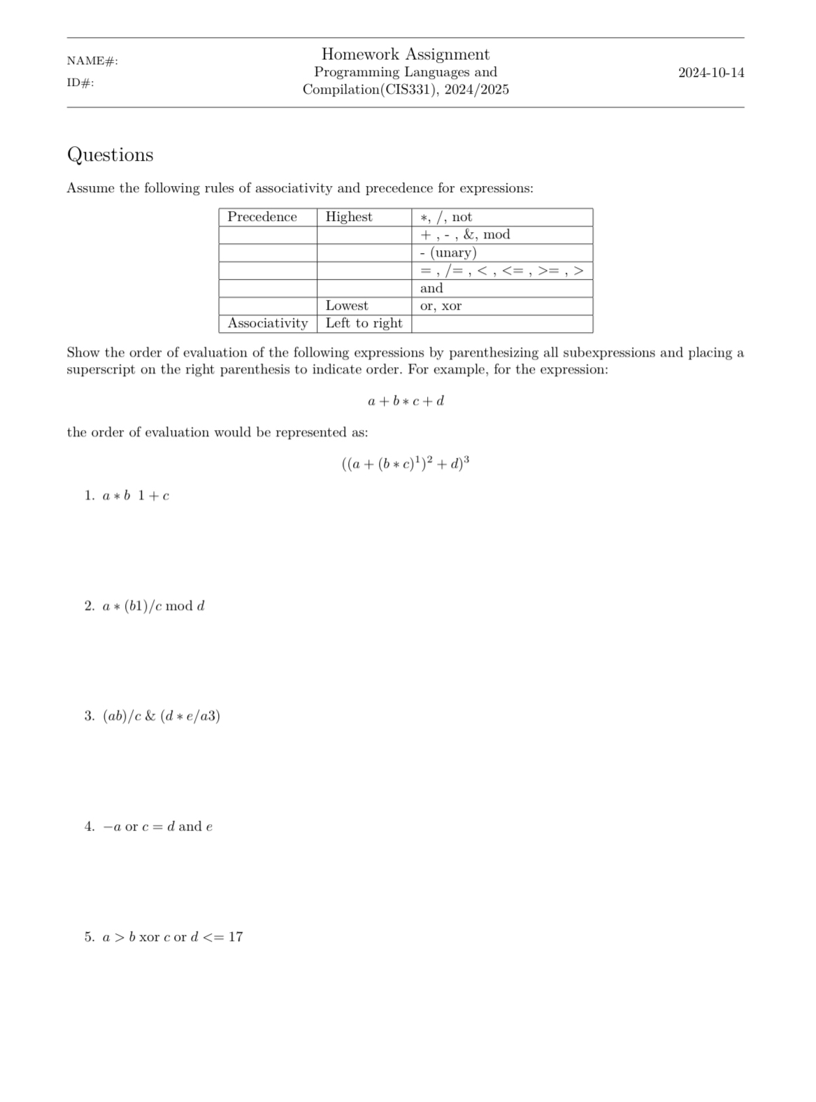 Solved NAME#:Homework AssignmentProgramming Languages | Chegg.com