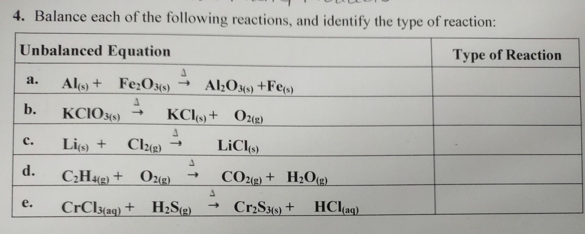 Solved 4 Balance Each Of The Following Reactions And