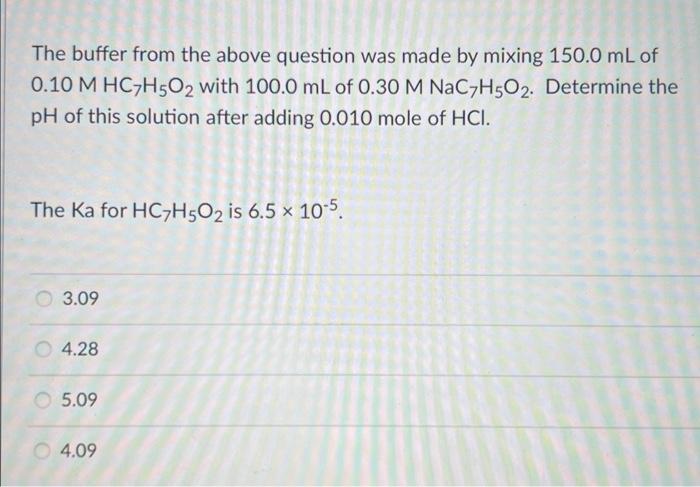 Solved The buffer from the above question was made by mixing | Chegg.com