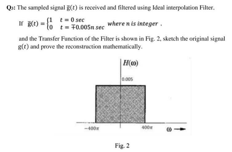 Solved Q3: The sampled signal g(t) is received and filtered | Chegg.com