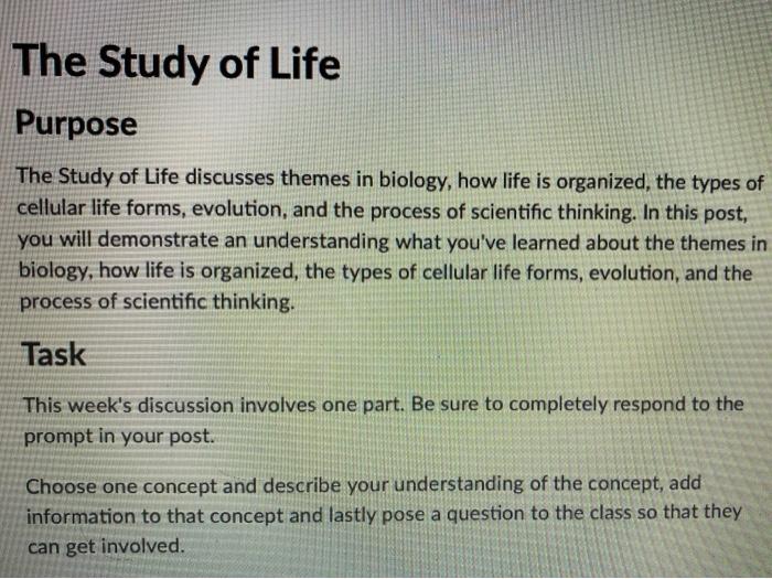 The Study of Life Purpose The Study of Life discusses | Chegg.com