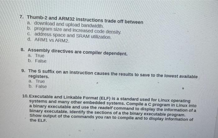 Solved 7. Thumb-2 and ARM32 instructions trade off between | Chegg.com
