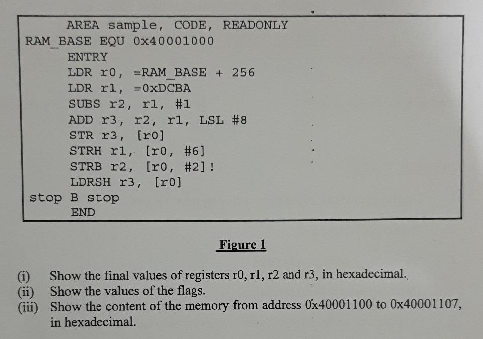 Solved AREA sample, CODE, READONLY RAM BASE EQU Ox40001000 | Chegg.com