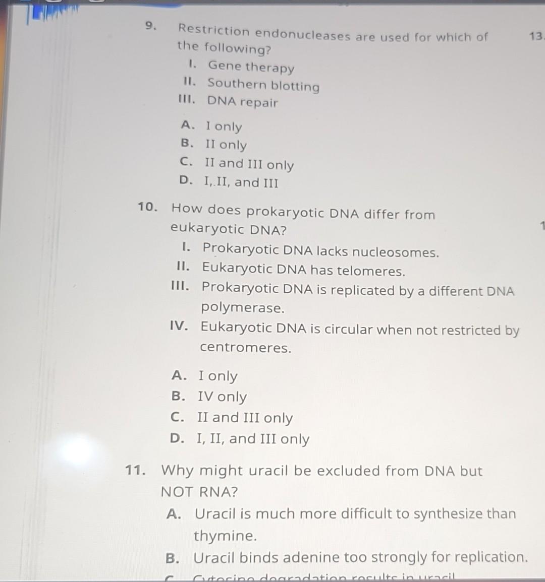Solved 9. Restriction endonucleases are used for which of | Chegg.com