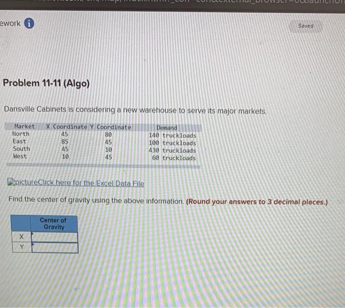 Solved ework Saved Problem 11-11 (Algo) Dansville Cabinets | Chegg.com
