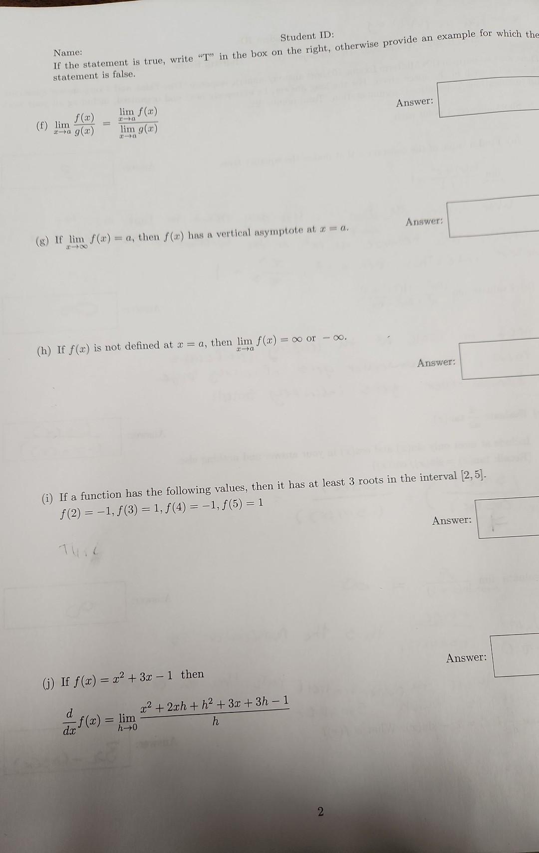 Solved Name: Student ID: If the statement is true, write "T" | Chegg.com