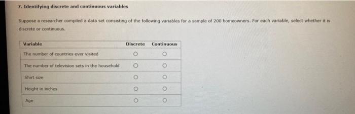 Solved 7. Identifying discrete and continuous variables | Chegg.com