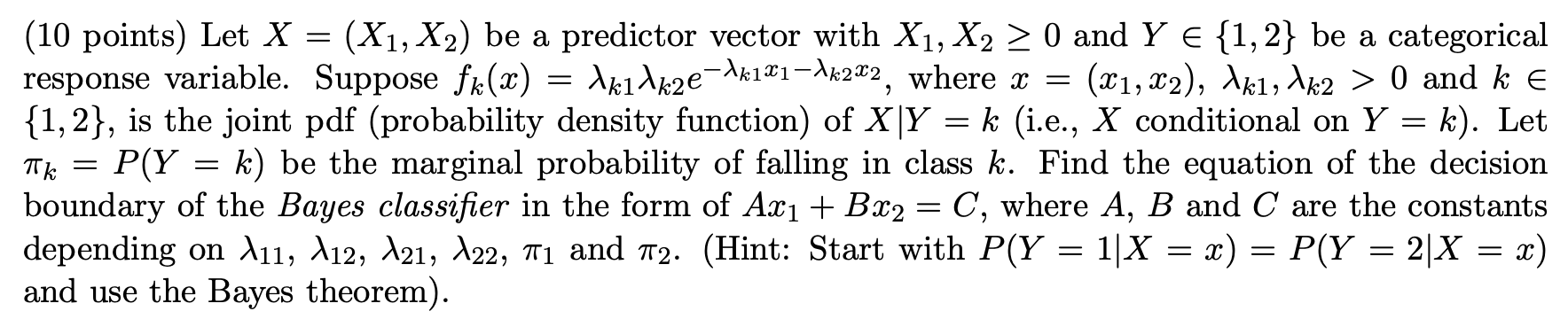 Solved (10 ﻿points) ﻿Let x=(x1,x2) be ﻿a predictor vector | Chegg.com