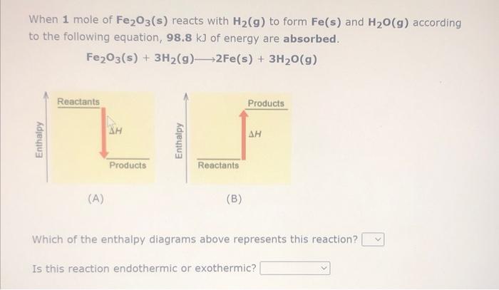 Solved When 1 mole of Fe2O3(s) reacts with H2(g) to form | Chegg.com