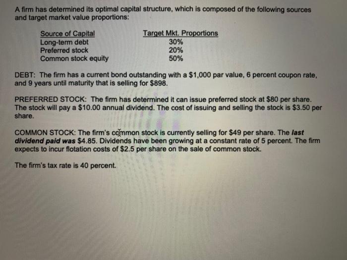 Solved A firm has determined its optimal capital structure, | Chegg.com