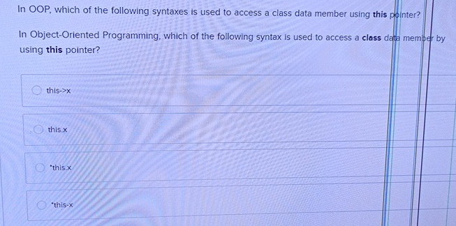 Solved In OOP, which of the following syntaxes is used to | Chegg.com