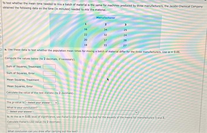 Solved To test whether the mean time needed to mix a batch | Chegg.com