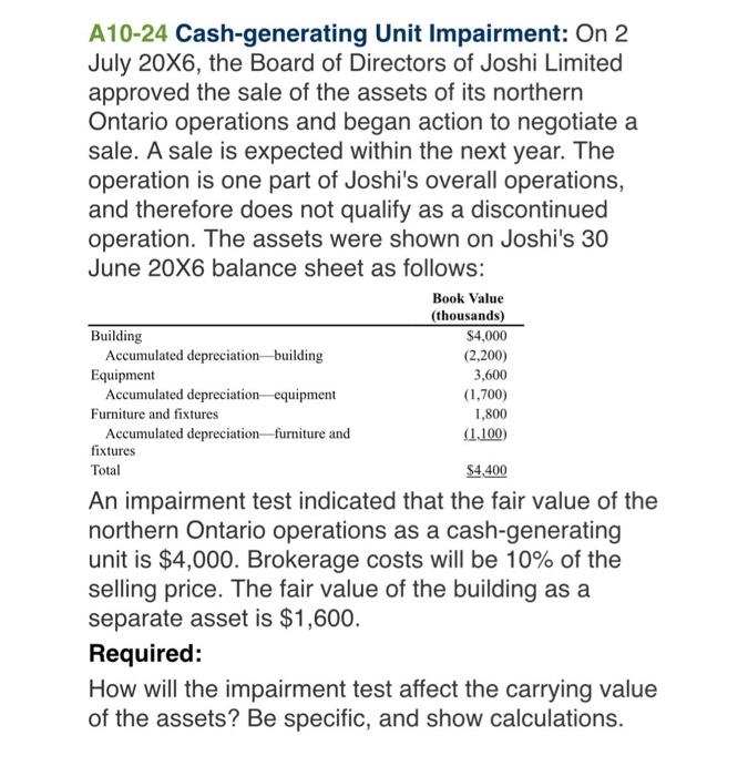 Solved A10-24 Cash-generating Unit Impairment: On 2 July | Chegg.com
