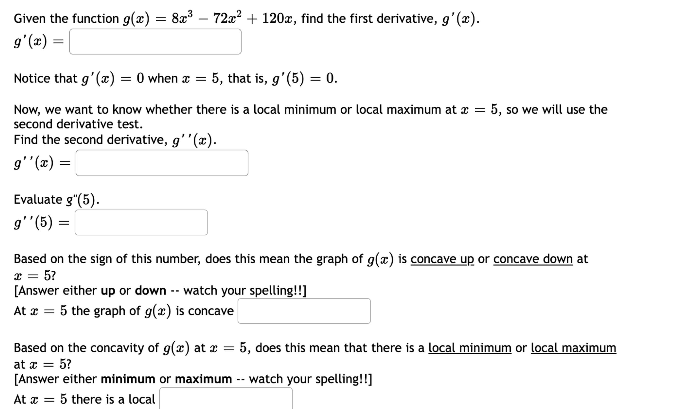 Solved Given the function g(x)=8x3-72x2+120x, ﻿find the | Chegg.com