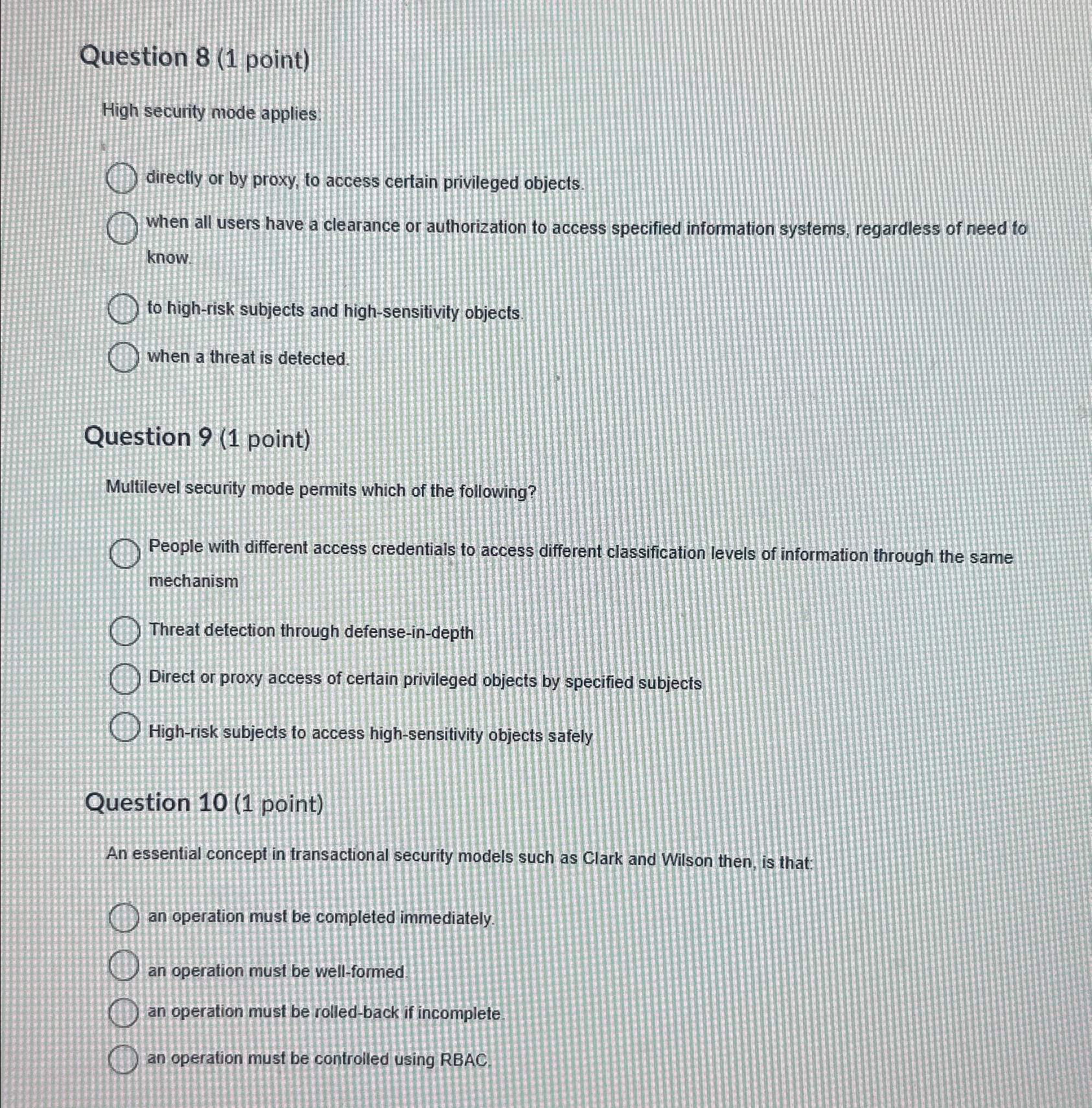 Solved Question 8 (1 ﻿point)High security mode | Chegg.com