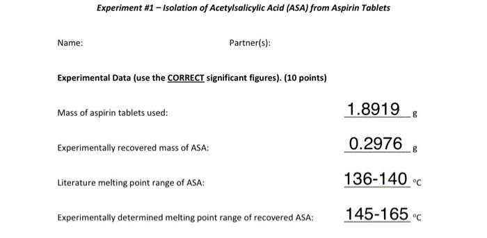 Solved Experiment #1 - Isolation of Acetylsalicylic Acid | Chegg.com