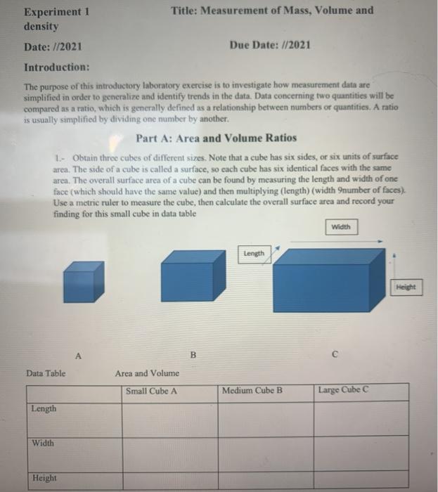 Experiment1 Title: Measurement of Mass, Volume and | Chegg.com