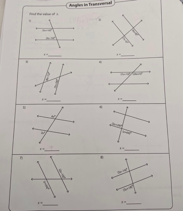 Solved Angles in Transversal Find the value of x. 1) 2) ( | Chegg.com