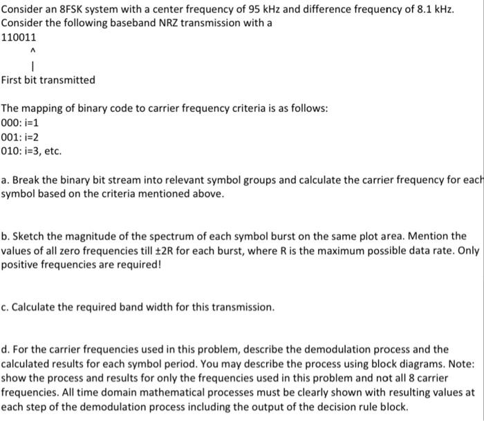 Consider an 8FSK system with a center frequency of | Chegg.com