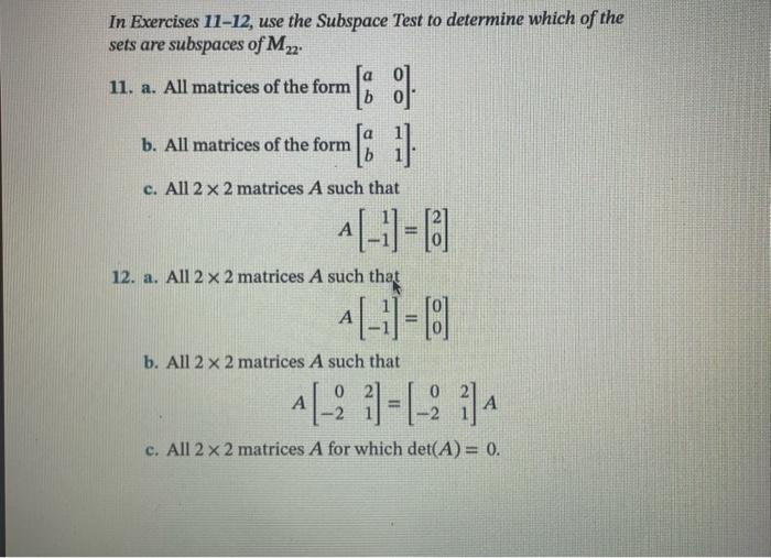 Solved In Exercises 11-12, use the Subspace Test to | Chegg.com