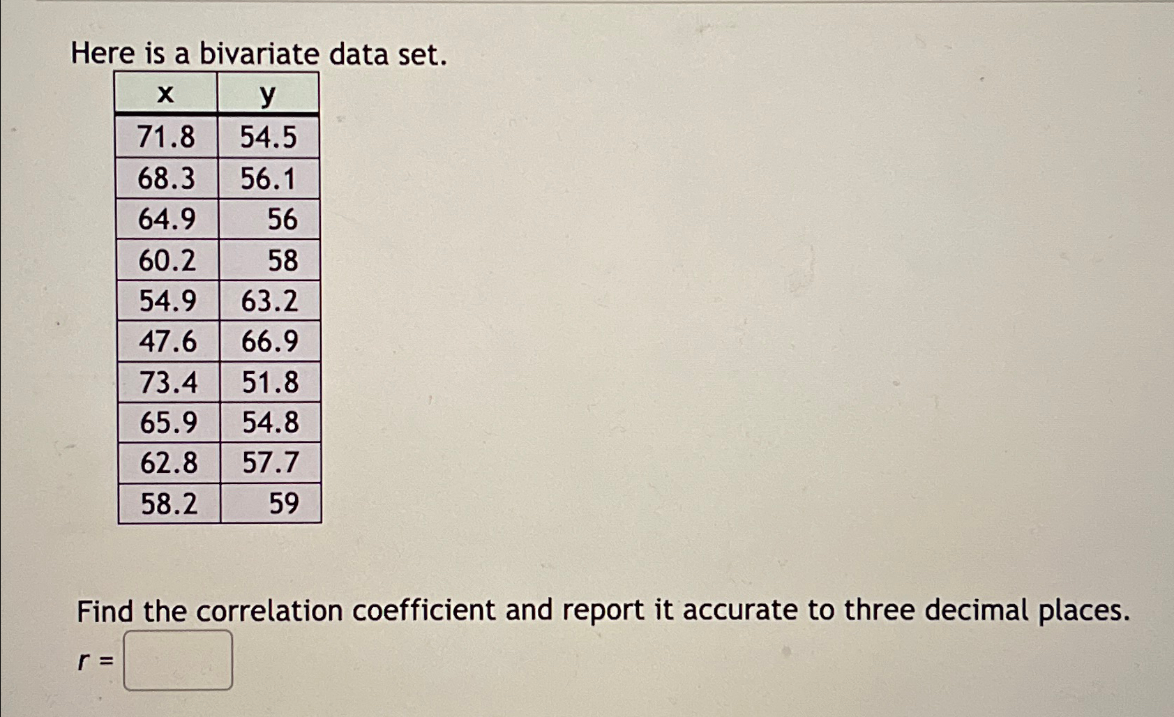 Solved Here is a bivariate data set.\table[[x,y | Chegg.com