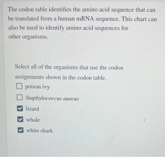 Solved The codon table identifies the amino acid sequence | Chegg.com