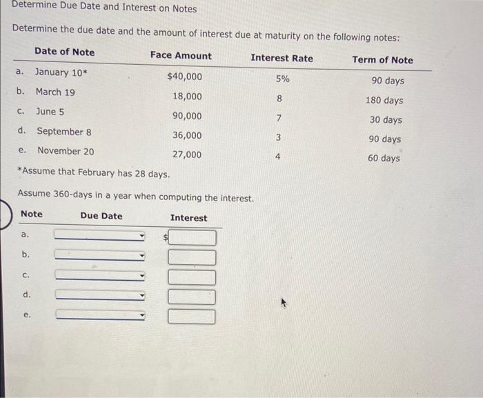 Solved Determine Due Date and Interest on Notes Determine | Chegg.com