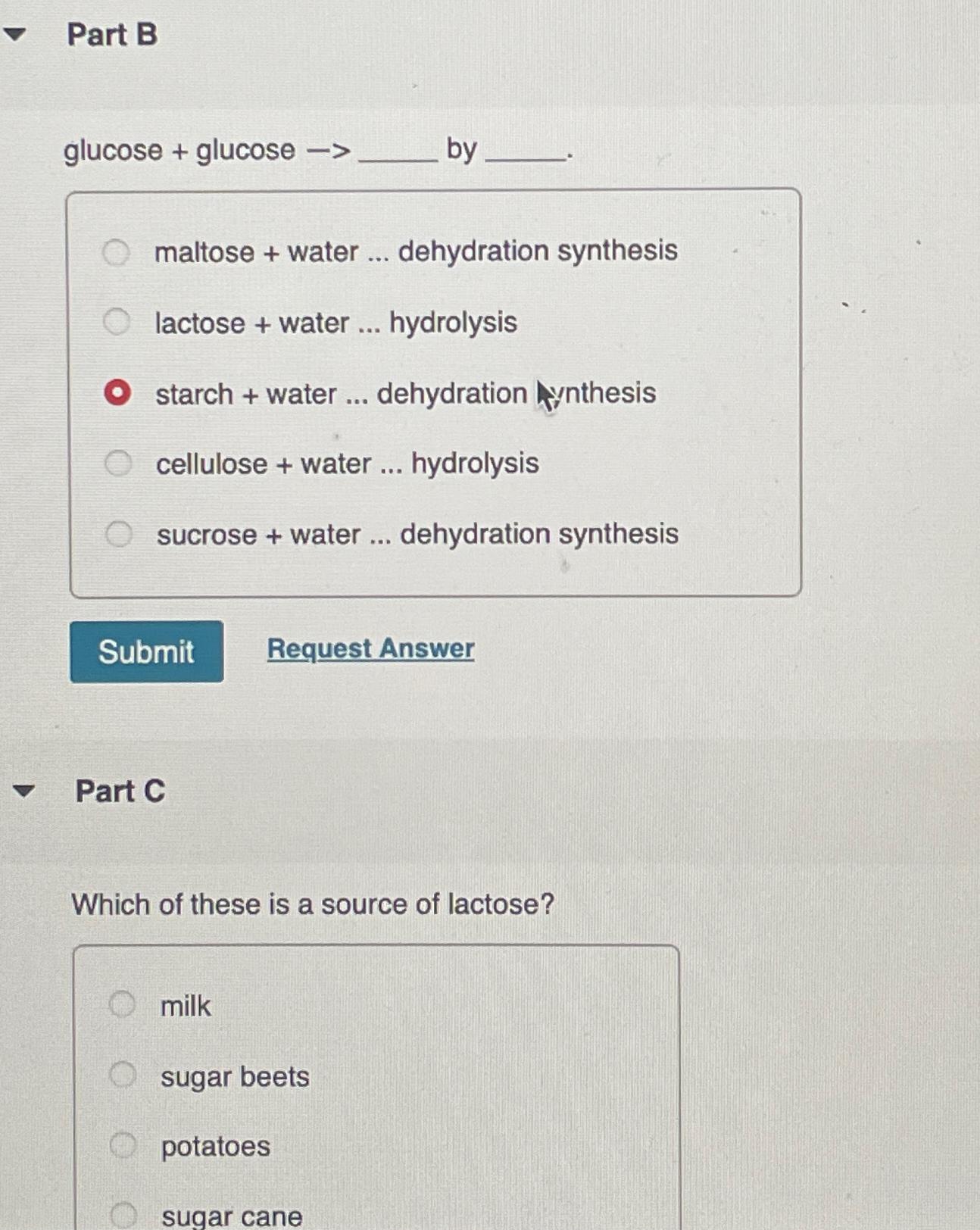 Solved Part Bglucose + ﻿glucose → ﻿bymaltose + ﻿water ... | Chegg.com