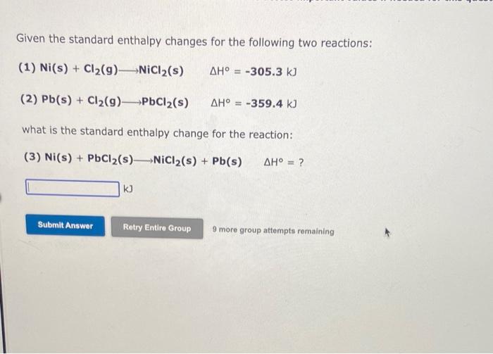 Solved Given the standard enthalpy changes for the following | Chegg.com