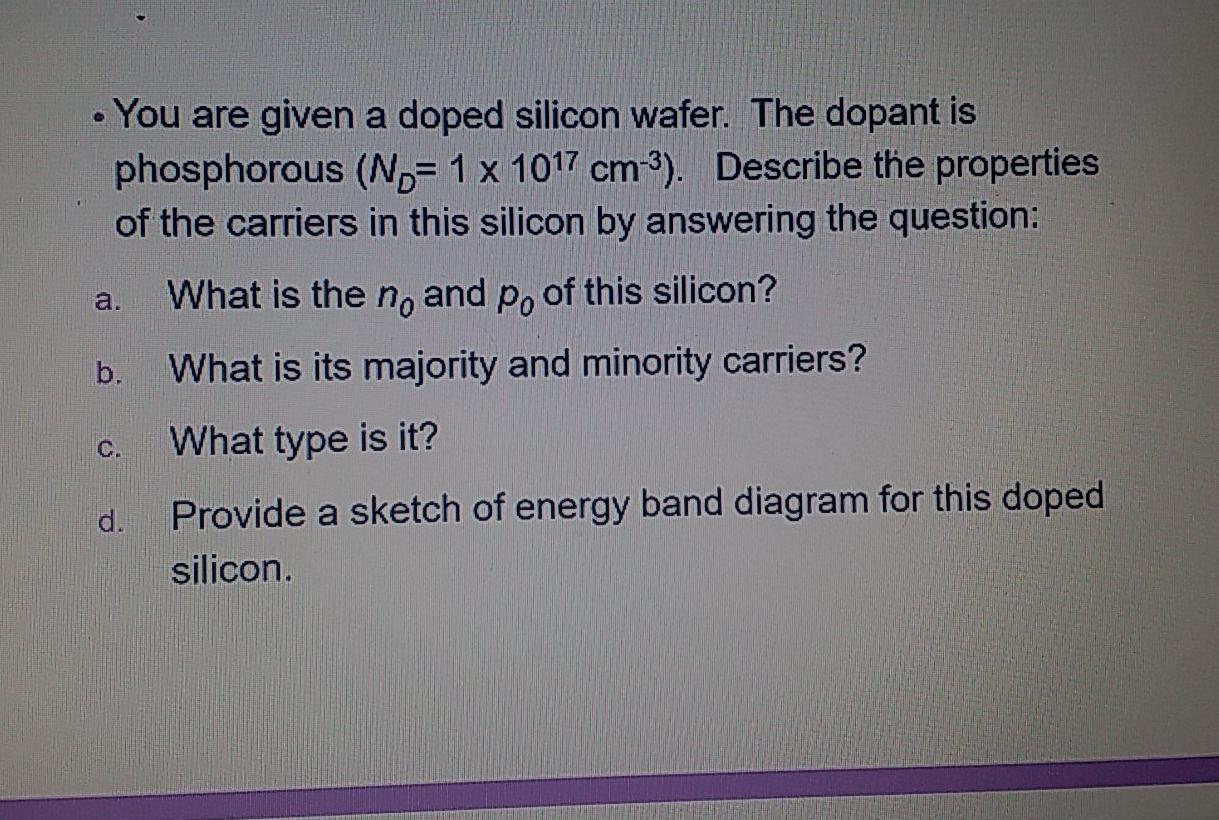 Solved a. You are given a doped silicon wafer. The dopant is | Chegg.com