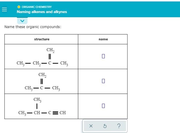 Solved ORGANIC CHEMISTRY Naming alkenes and alkynes Name | Chegg.com