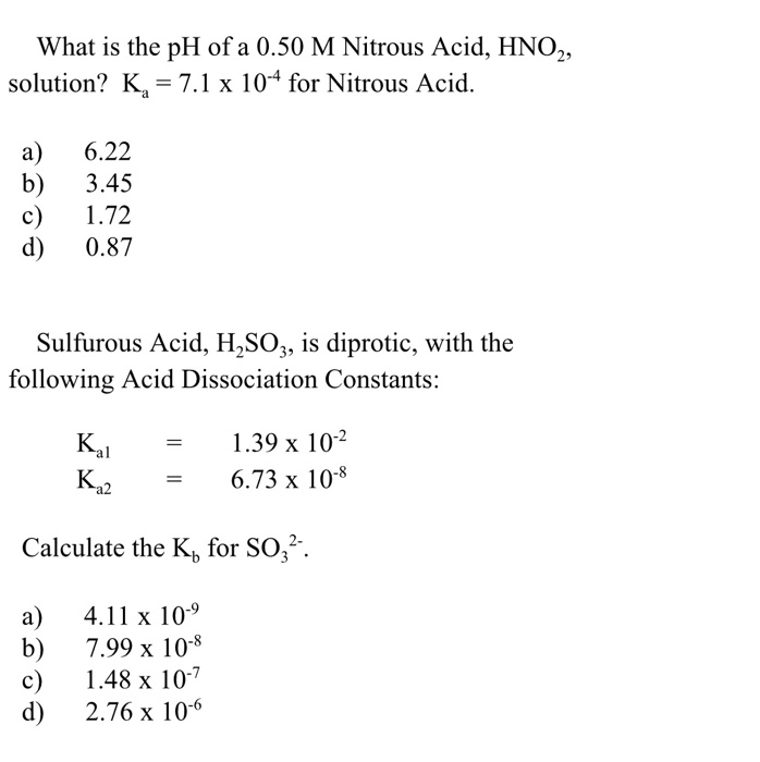 Solved What is the pH of a 0.50 M Nitrous Acid, HNO2, | Chegg.com