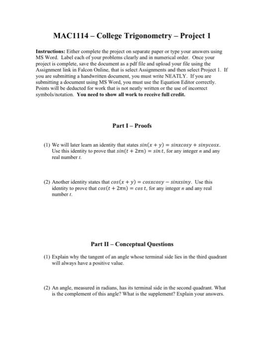 Solved MAC1114 - College Trigonometry - Project 1 | Chegg.com