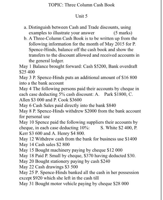 Solved TOPIC: Three Column Cash Book Unit 5 a. Distinguish | Chegg.com