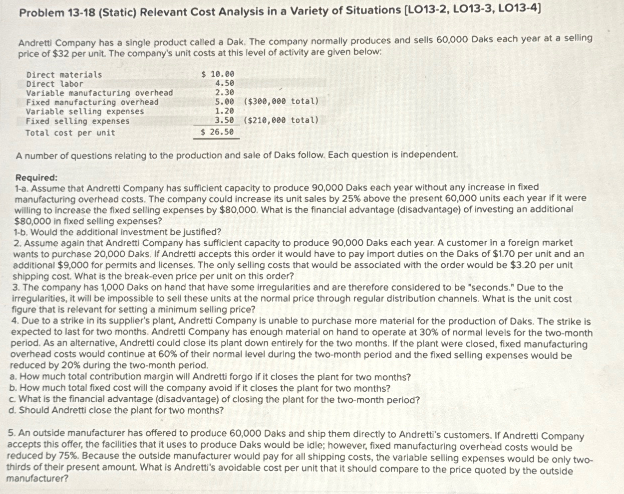 Solved Problem 13-18 (Static) ﻿Relevant Cost Analysis in a | Chegg.com