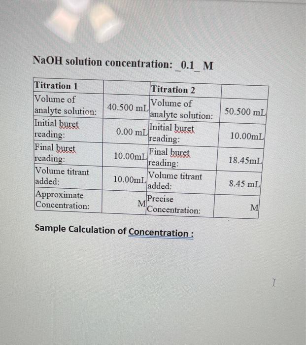 Solved NaOH solution concentration: 0.1_M Sample Calculation | Chegg.com