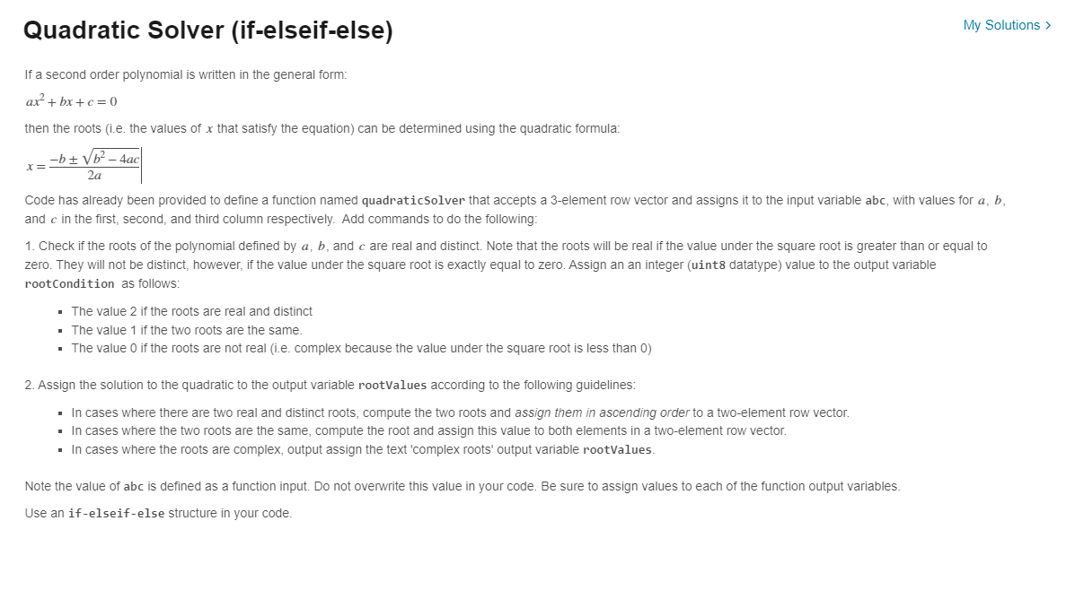 Solved Quadratic Solver (if-elseif-else)If a second order | Chegg.com