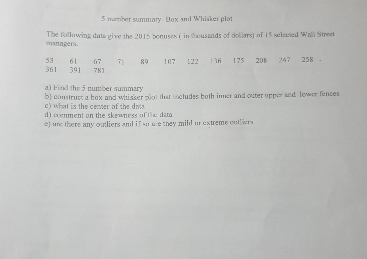 Solved 5 number summary- Box and Whisker plot The following | Chegg.com