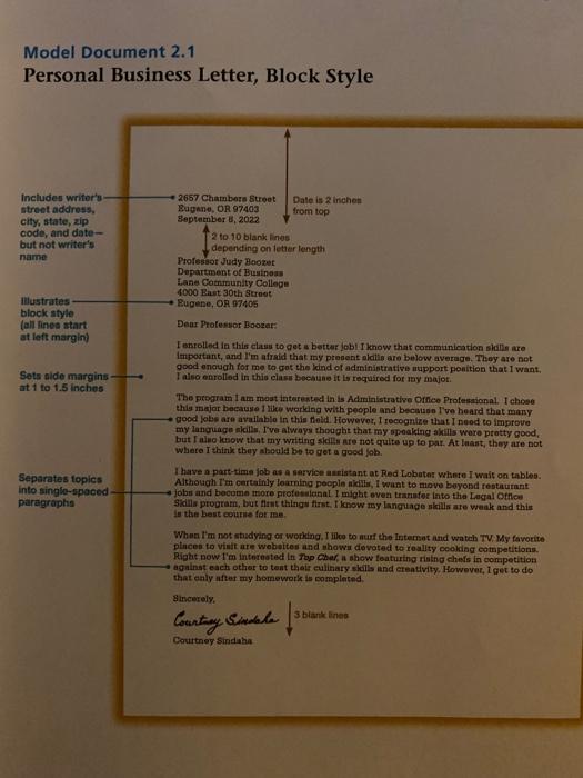 Solved Model Document 2.1 Personal Business Letter, Block | Chegg.com