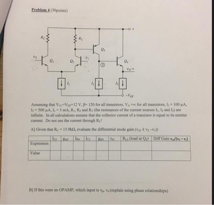 Problem 4 (30points) Assuming that VCC=VEE=12 V,β=120 | Chegg.com