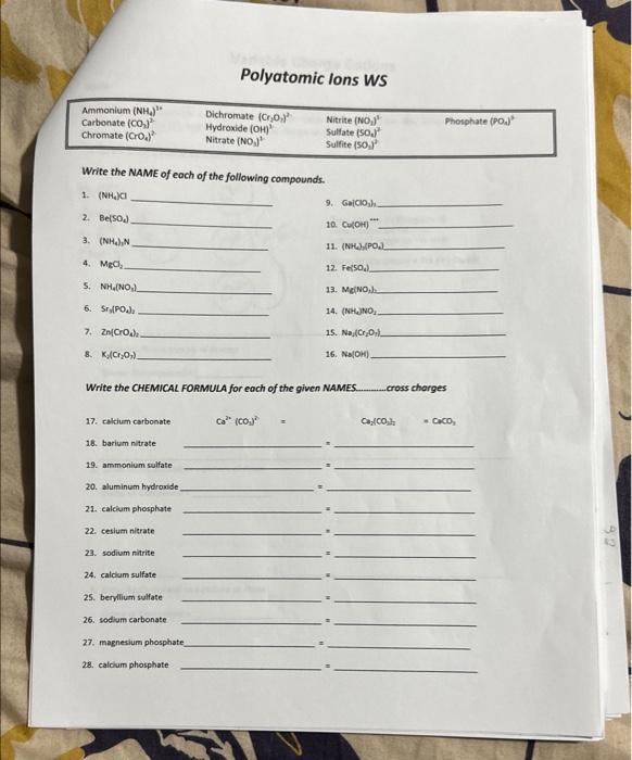 Solved Polyatomic lons WS Write the NAME of each of the | Chegg.com