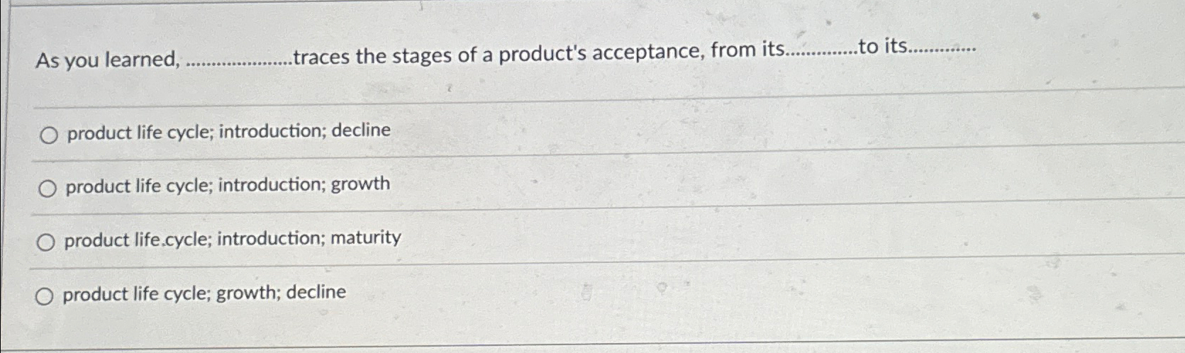 Solved As you learned, traces the stages of a product's | Chegg.com