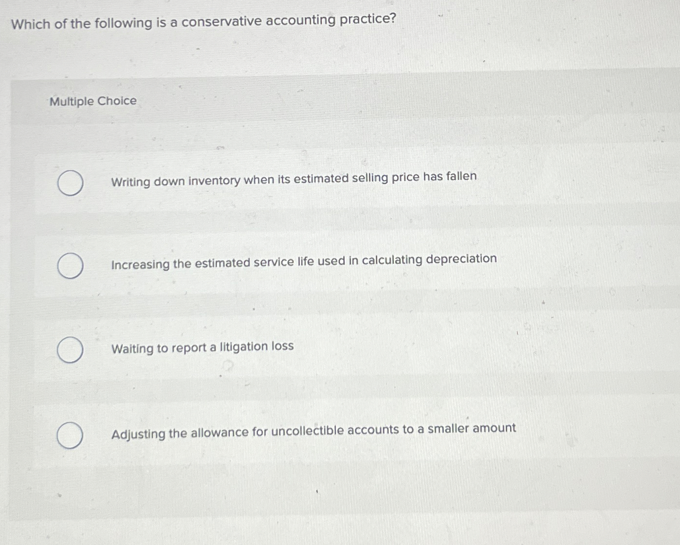 Solved Which of the following is a conservative accounting | Chegg.com