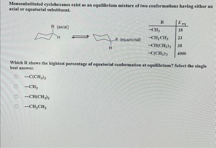 Solved Monosubstituted cyclohexanes exist as an equilibrium | Chegg.com