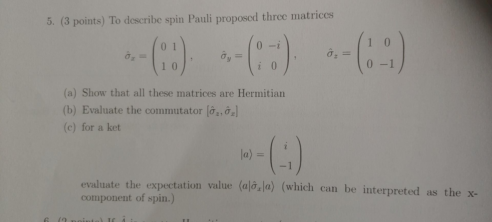 Solved 5. (3 points) To describe spin Pauli proposed threc | Chegg.com